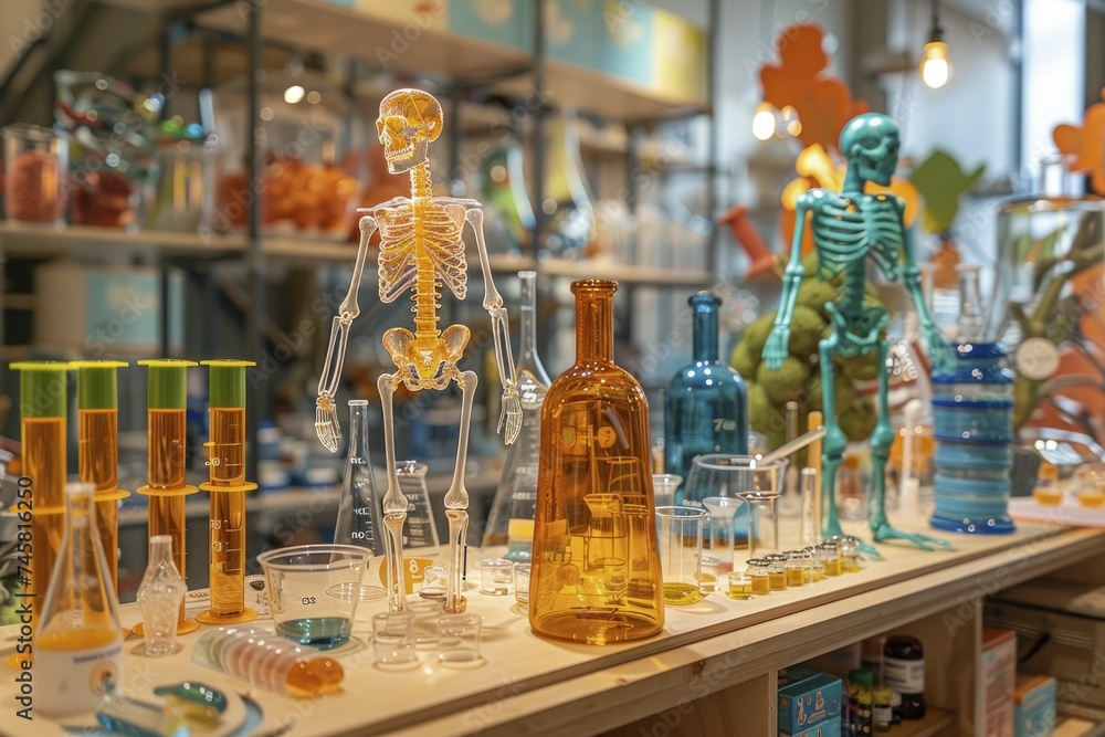 Science kits with beakers, test tubes, and model skeletons, ready to ...