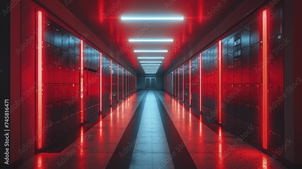 Perspective shot down a long school hallway, the repetition of lockers ...