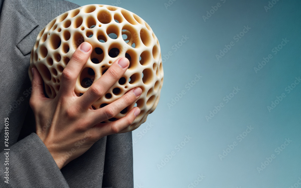The image of a man holding a large sphere with holes, symbolizing ...