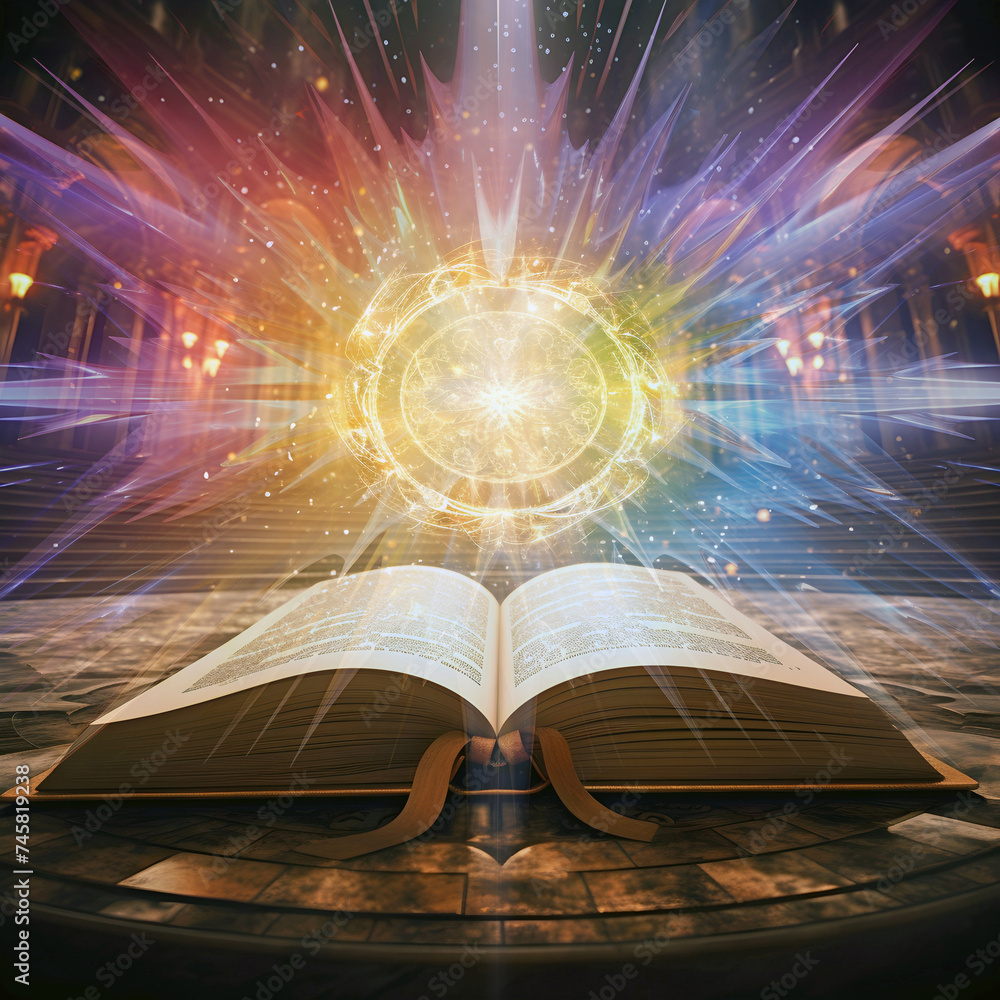Book of sacred text concept - an old book open with a golden orb light ...