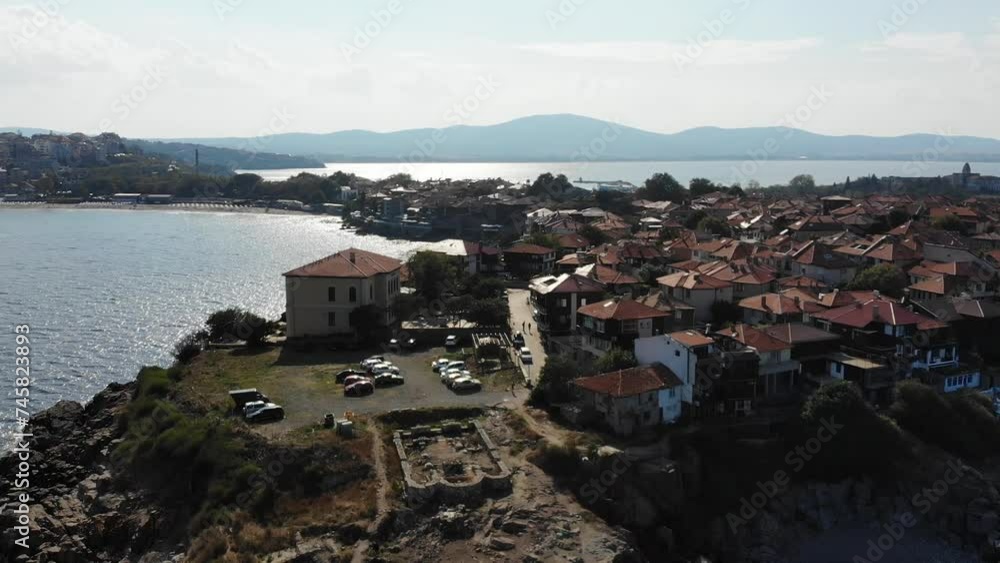 Ruins of an ancient church, сliff and rocks in Sozopol Bulgaria. Drone ...