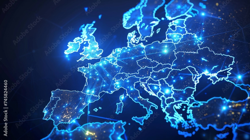 Digital blue map of Europe with glowing nodes - Image showcases network ...