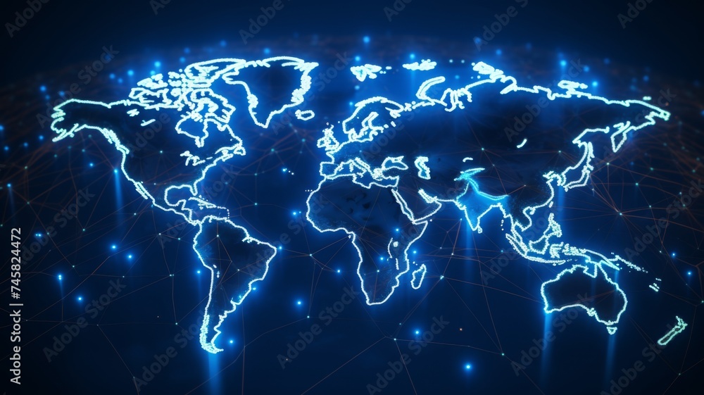 Digital blue world map on a network grid - A striking digital ...