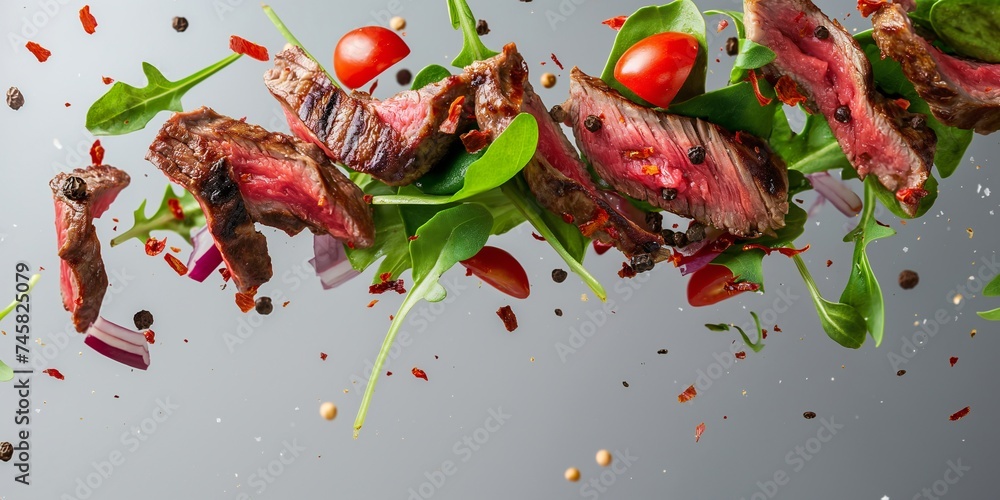 Cut steak. Pieces of grilled meat fly with salad. Falling lettuce and ...