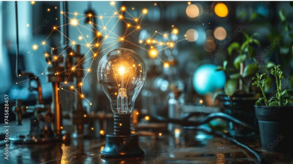 Illuminated light bulb with connected dots network - The glowing light ...