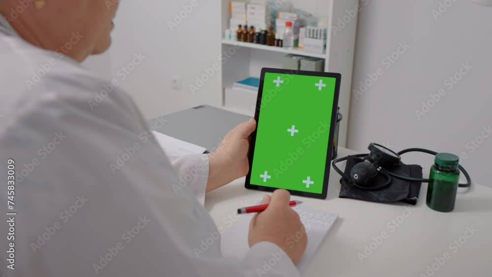 Doctor holds green screen mockup vertical tablet on the desk in office ...