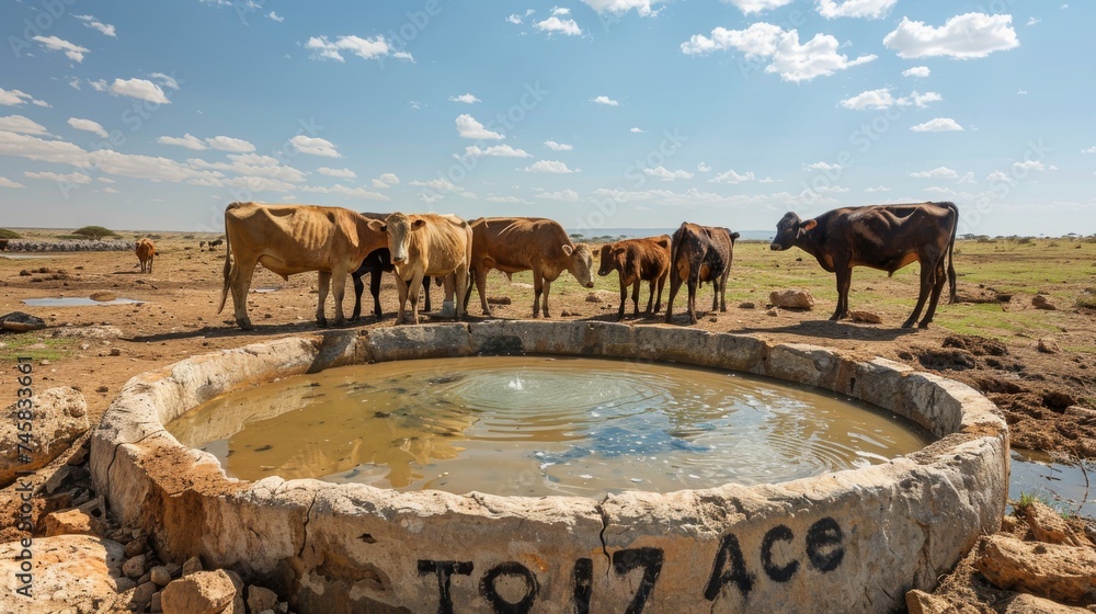 A herd of emaciated cattle gathered around a dwindling water source ...