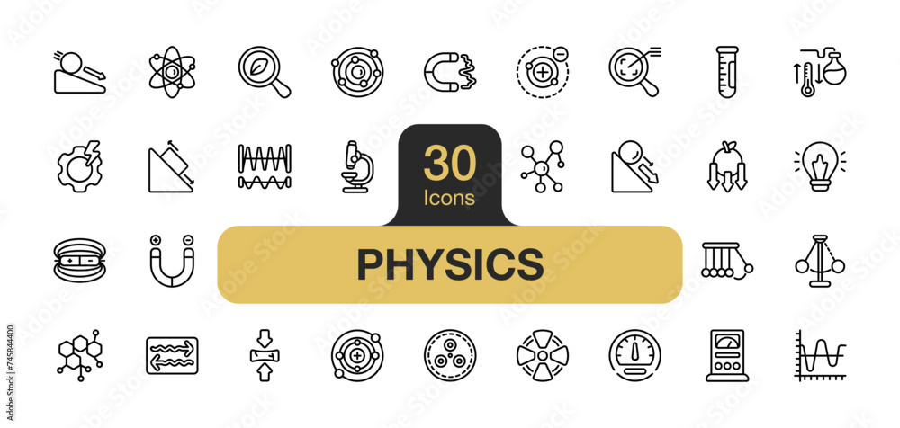 Set of 30 Physics icon element sets. Includes Atom, Molecule, Electron ...