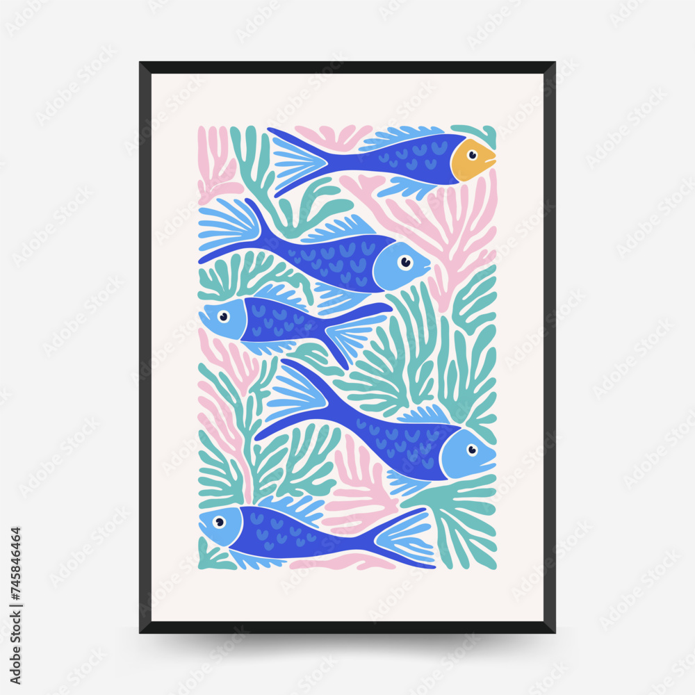 Underwater world, ocean, sea, fish and shells vertical flyer or poster ...