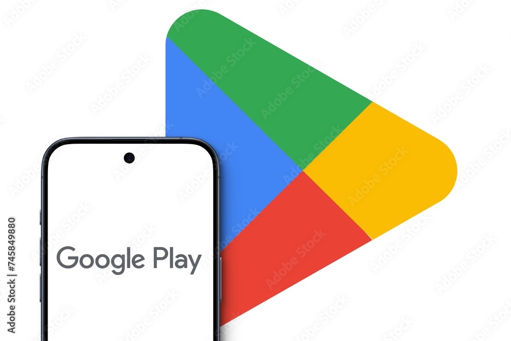Google Play lettering is displayed on a smartphone, big Google Play ...