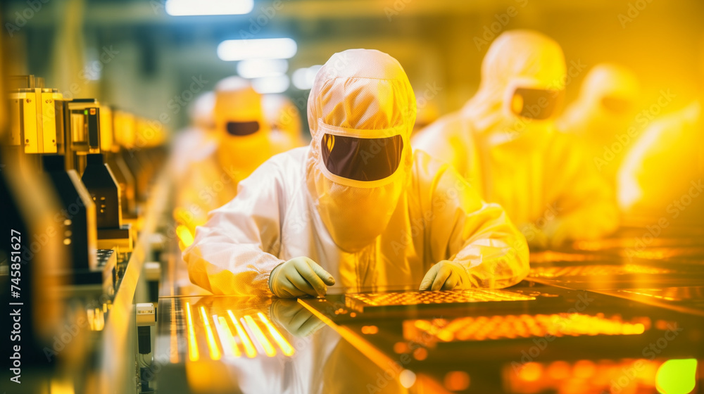 workers inside a high tech clean room of a Chinese semiconductor factory Stock Illustration ...