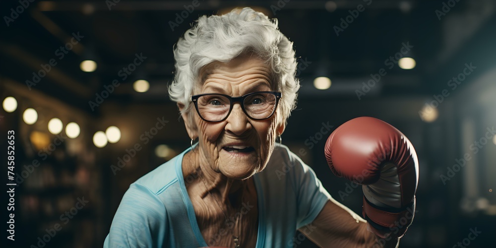Elderly woman energetically practices boxing in a gym embodying ...