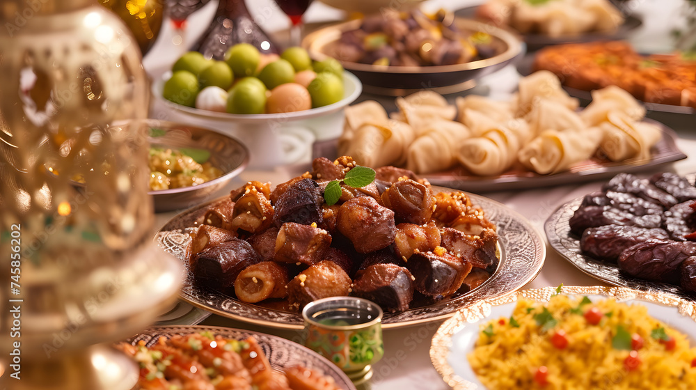 Ramadan Feast Table with Dates and Sweets Traditional Iftar Meal Stock ...