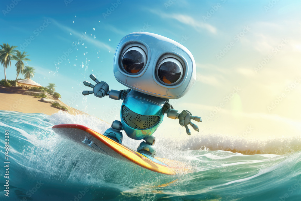 cute robot on surfboard surf a wave on tropical beach in summer ...