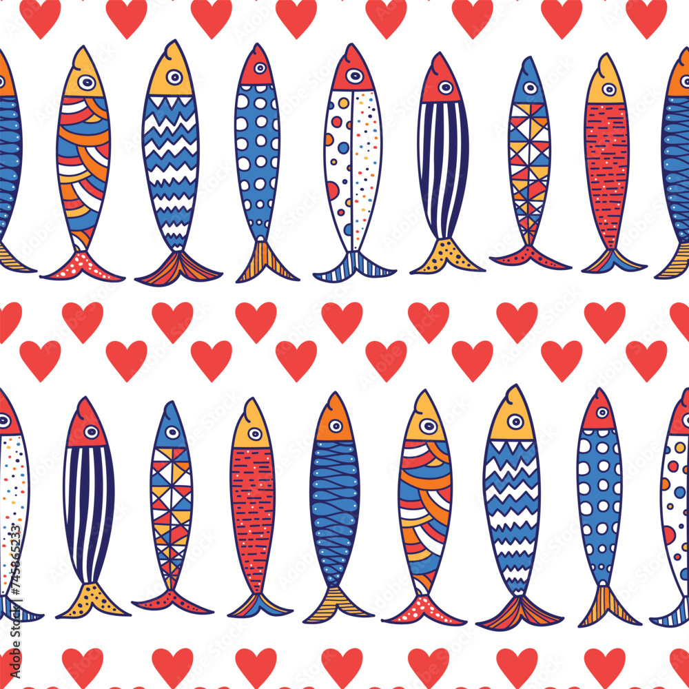 Cute sardines and hearts. Kids background. Seamless pattern. Can be ...