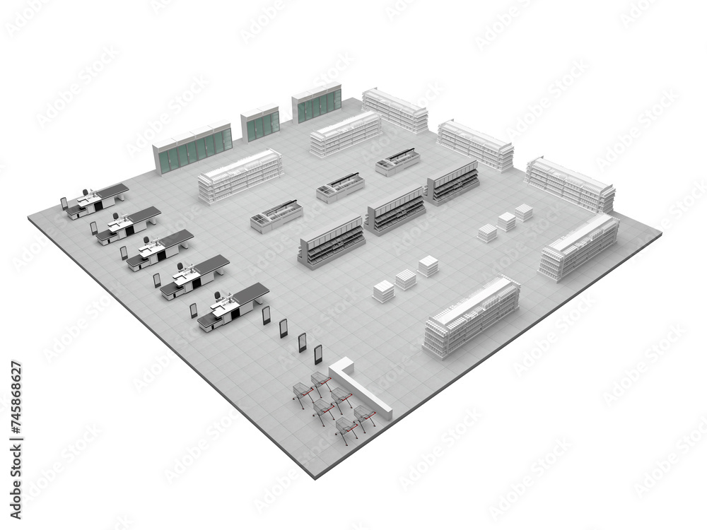 isometric supermarket interior. with aisle freezers and refrigerators ...
