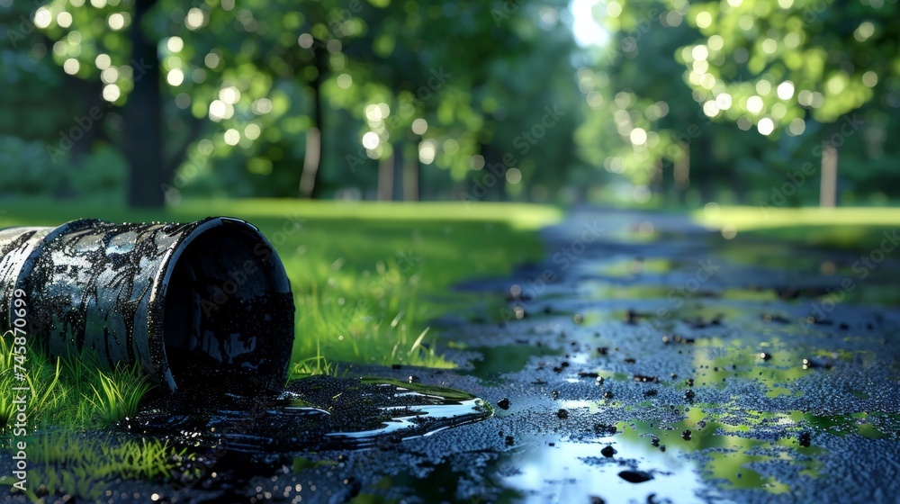 Abandoned oil barrel spills its contents onto a park path, juxtaposing ...