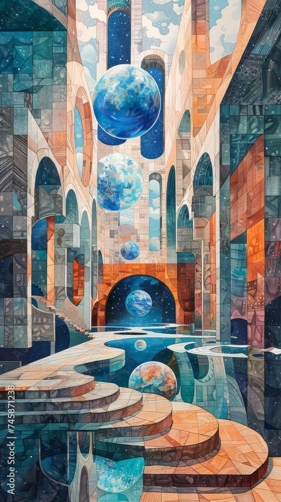 Watercolor observatory overlooking a complex multiverse with floating ...