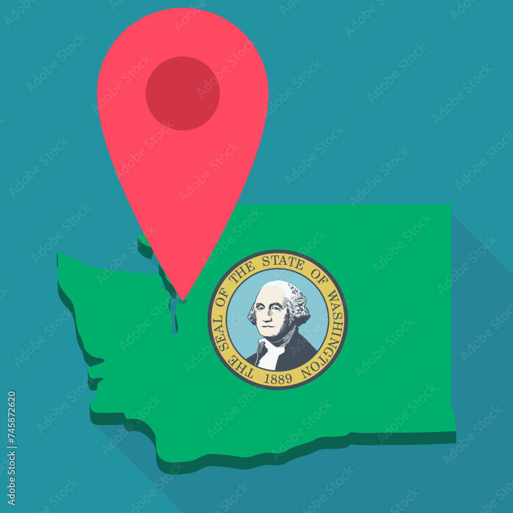 3D map of Washington in the colors of the Washington state flag in a ...