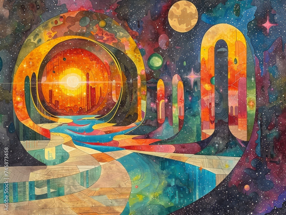 Watercolor complex of a cosmic renewable world with floating arcades ...