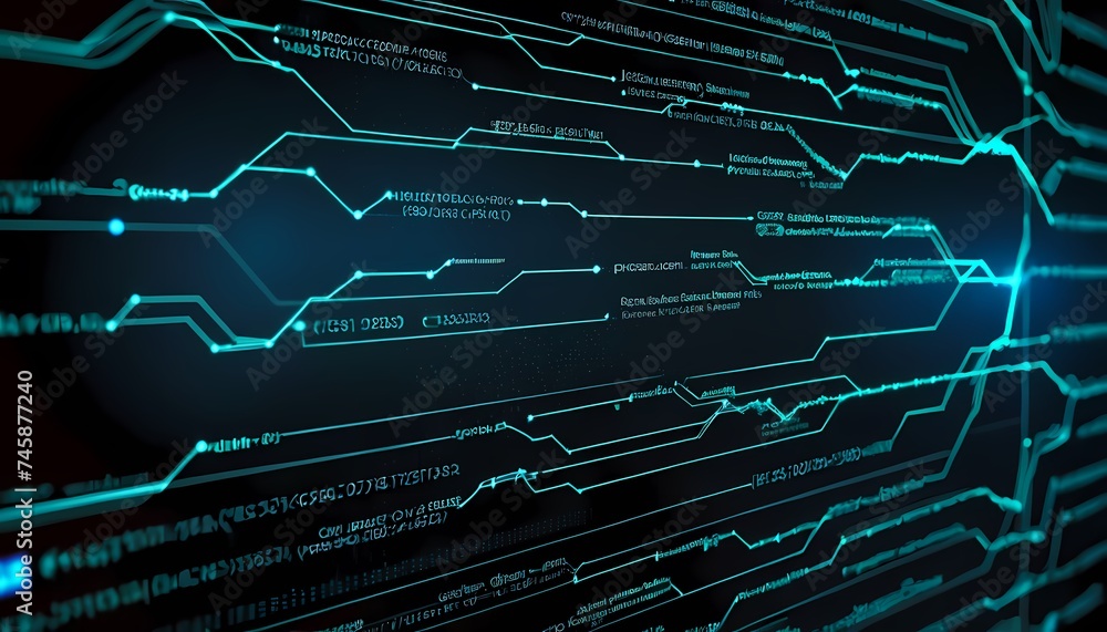 Generative AI. glowing futuristic circuit board with binary code and graphs. a dark background ...