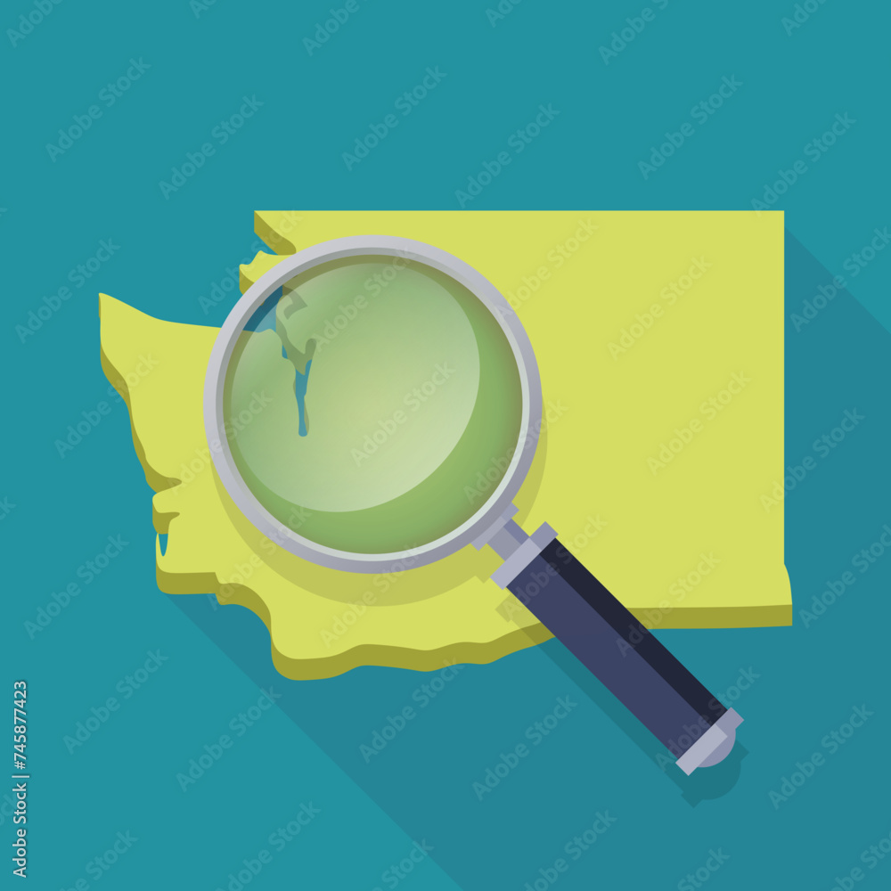 Yellow 3D Washington state map on which a magnifying glass zooms in on ...