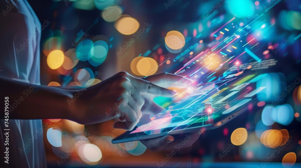 Person using a tablet with holographic data projection - Close-up of a ...