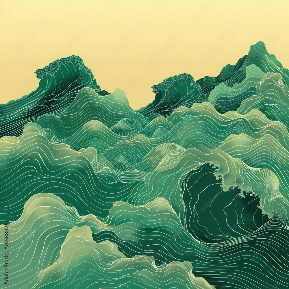 watercolor of Stylized green waves in a Japanese ukiyo e art style ...