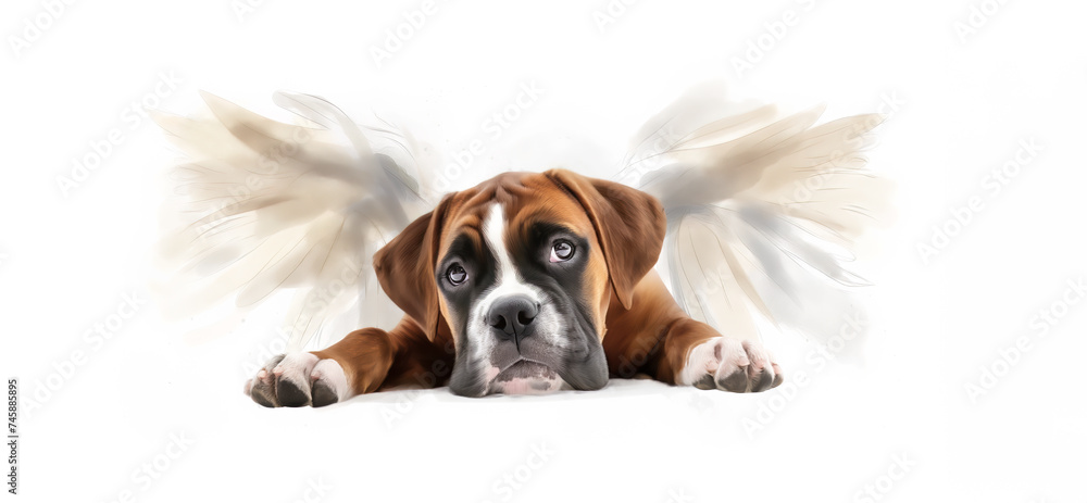 Boxer Puppy Pet Dog With White Feather Angel Wings. Love and Paw Prints ...
