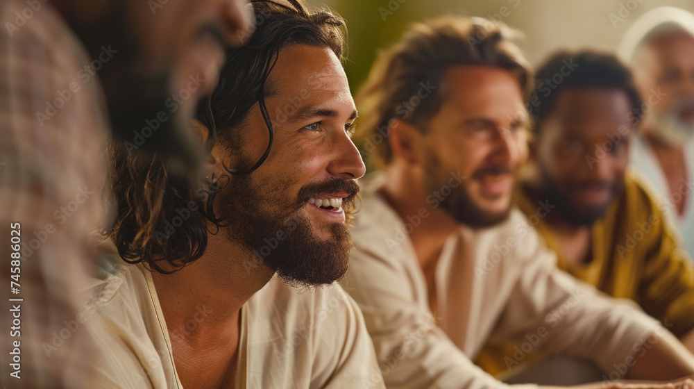 With a gentle smile, Jesus converses with his disciples, his words ...