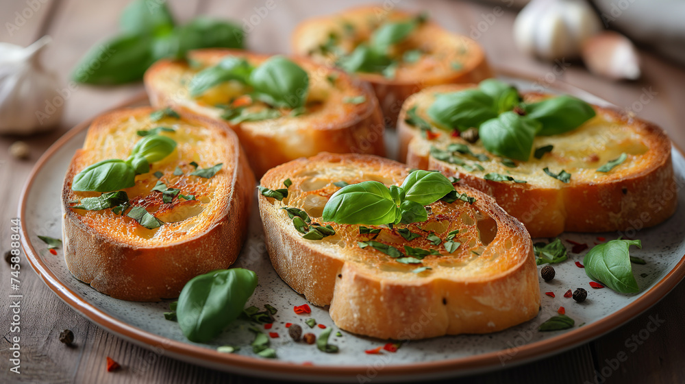 Artisan garlic bread toast with fresh basil leaves, garlic, and spices ...
