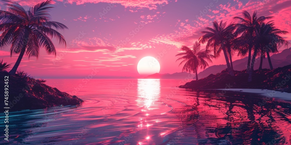 3d tropical sunset with island and palm trees. Ocean and neon sun in ...