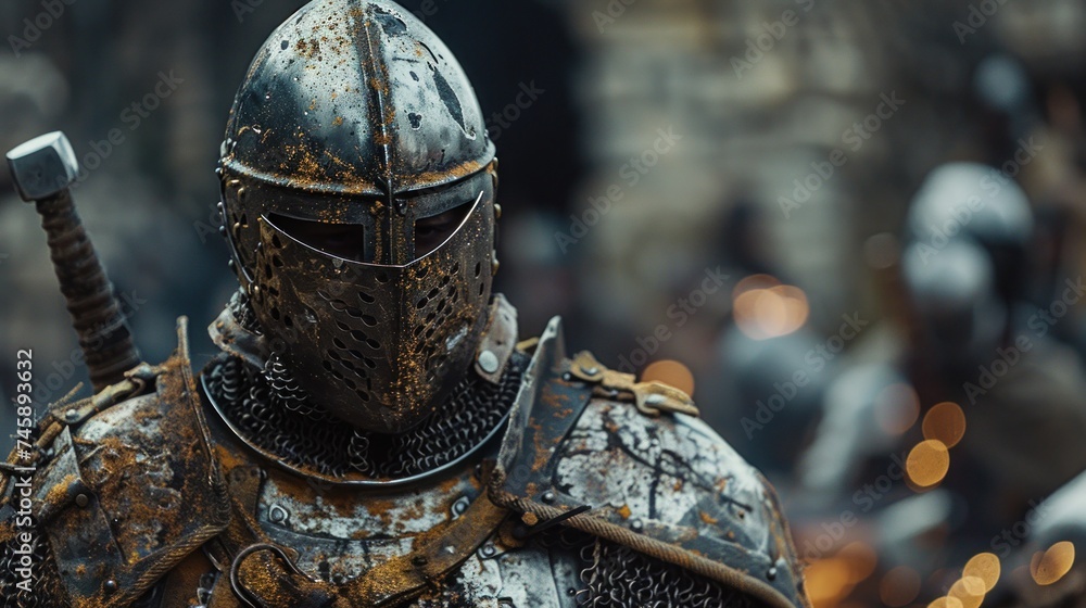 knight clad in gleaming steel armor stands ready for battle, his helmet ...