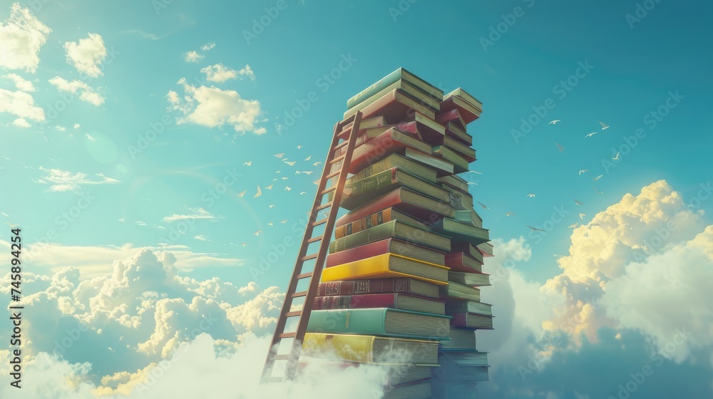 Education and growth concept. Book stack with ladder on sky with clouds ...