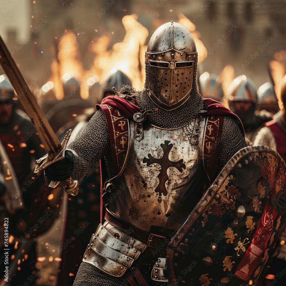 knight clad in gleaming steel armor stands ready for battle, his helmet ...