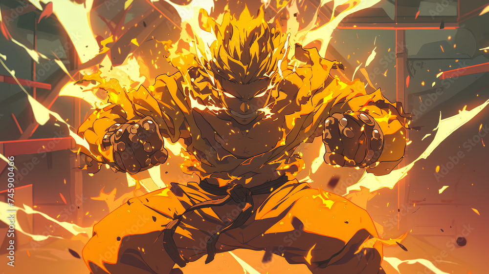 the pose of a burly man with an anime aura of fire ready to fight Stock ...
