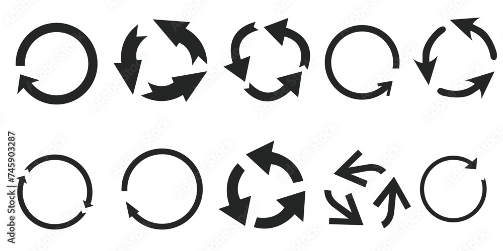 Set of circle arrows rotating on white background. Refresh, reload, recycle, loop rotation sign ...