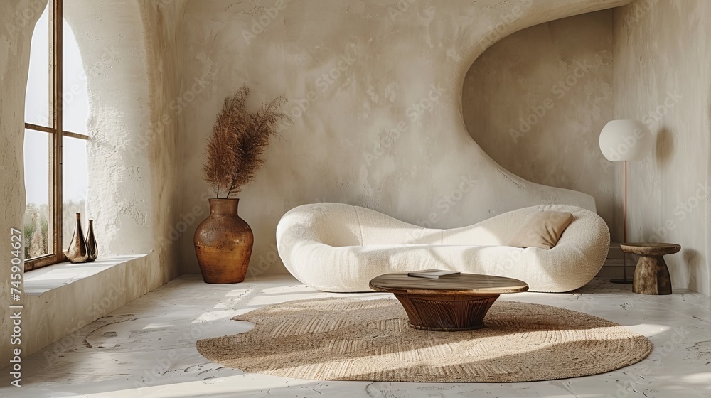 interior design with large window, light cream sofa, wooden low coffee ...