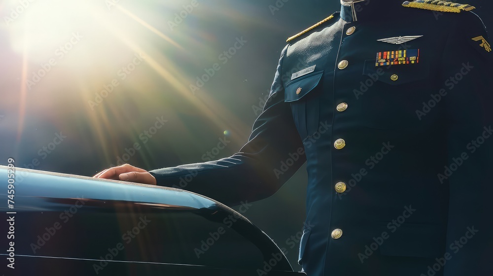 Funeral. A man in military uniform put his hand on the lid of the ...