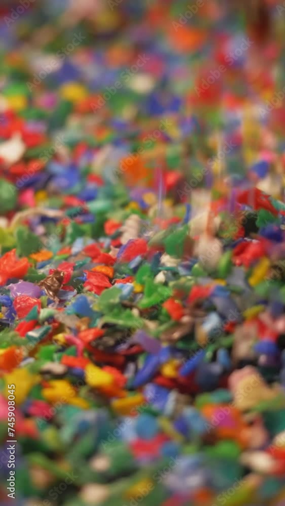 small plastic fragments close up, vertical video. plastic waste ...