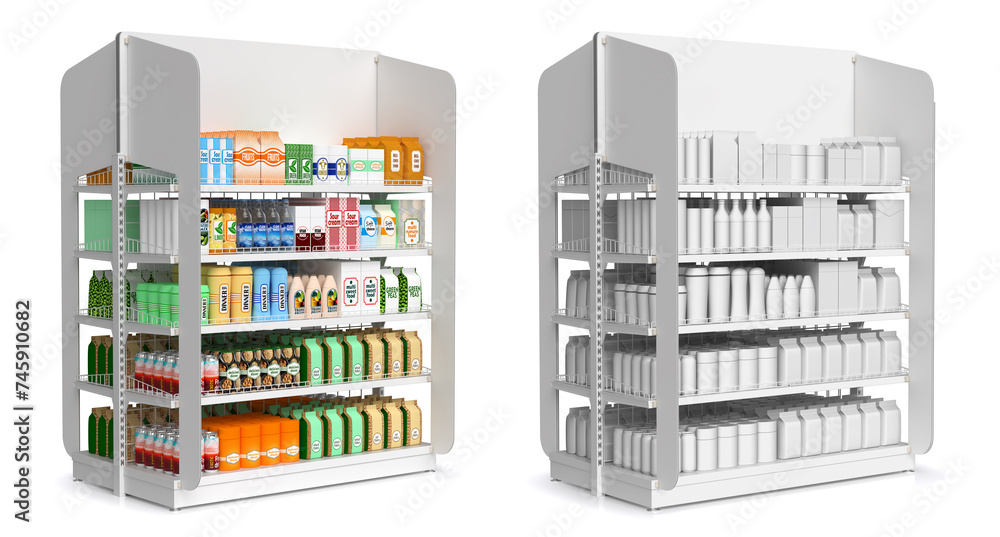 White retail racks made of metal mesh with display of goods, blank of ...