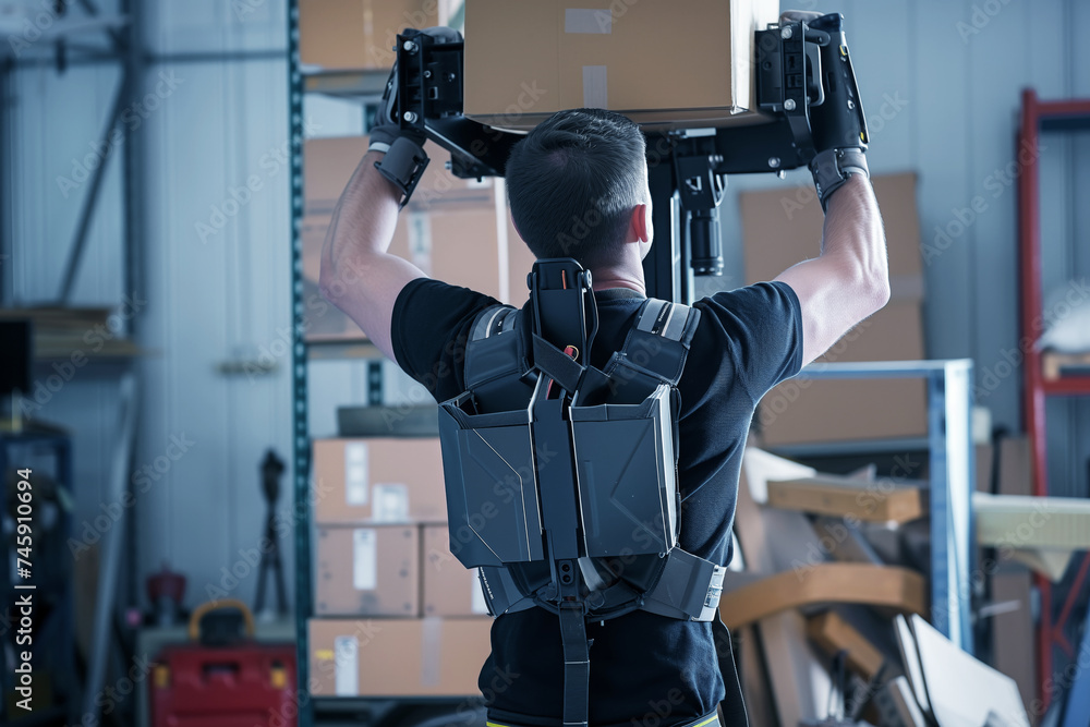 worker with a robotic exoskeleton lifting heavy objects Stock Photo ...