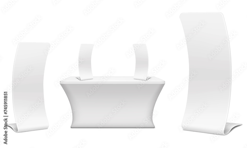 White tradeshow table counter, countertop and floor blank snake banner ...