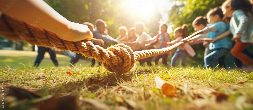 Diverse Group of Children Engage in Healthy Tug of War Game on Sunny ...