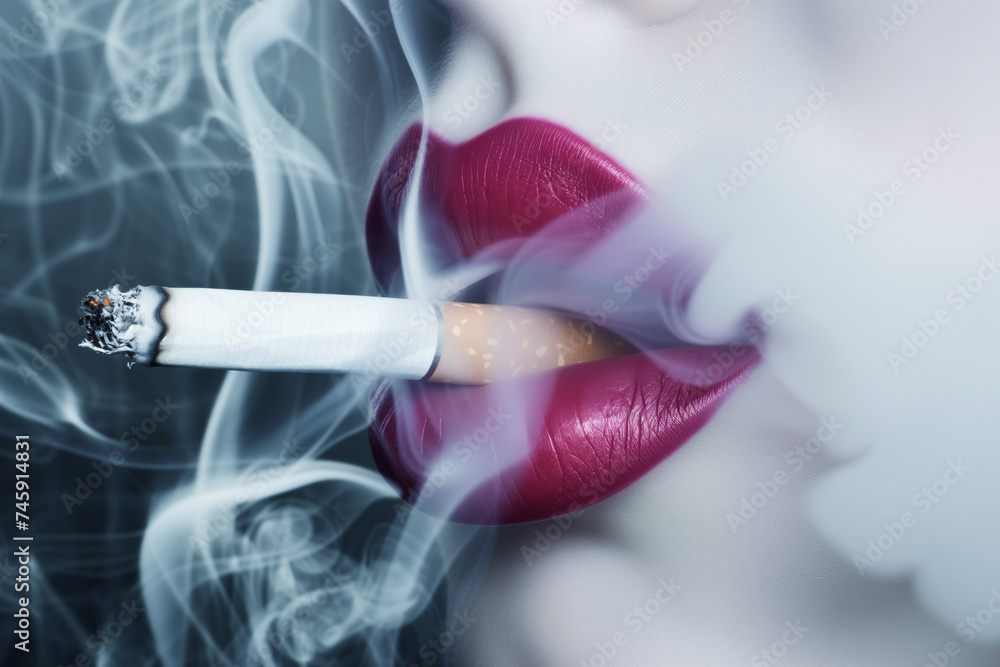 female lips with a cigarette, smoke partially obscuring face Stock ...