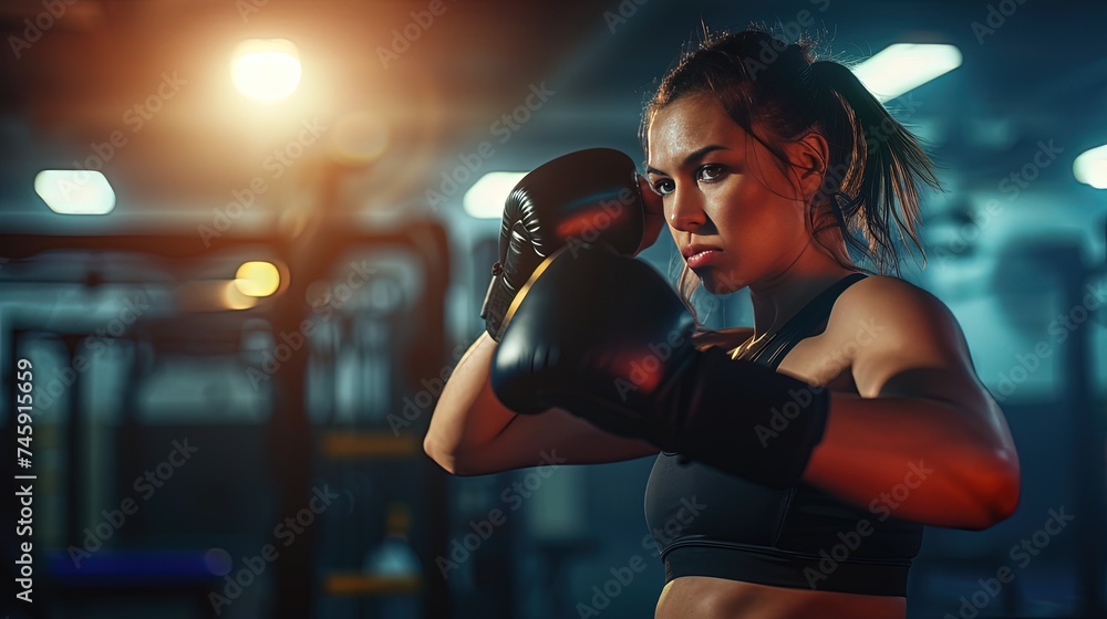 Caucasian woman in boxing gym. Self defense concept. In this photo, she ...