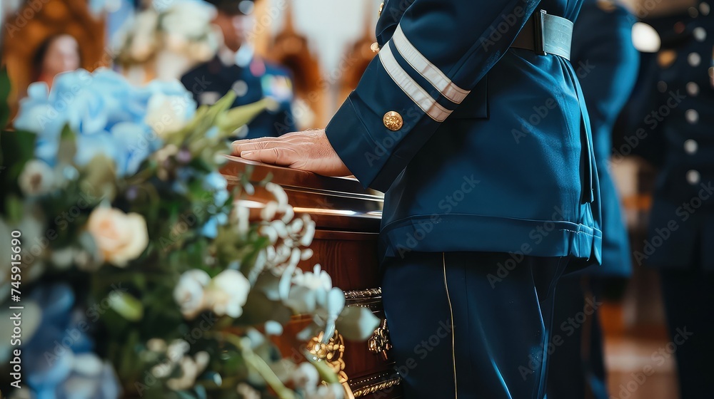 Funeral. A man in military uniform put his hand on the lid of the ...