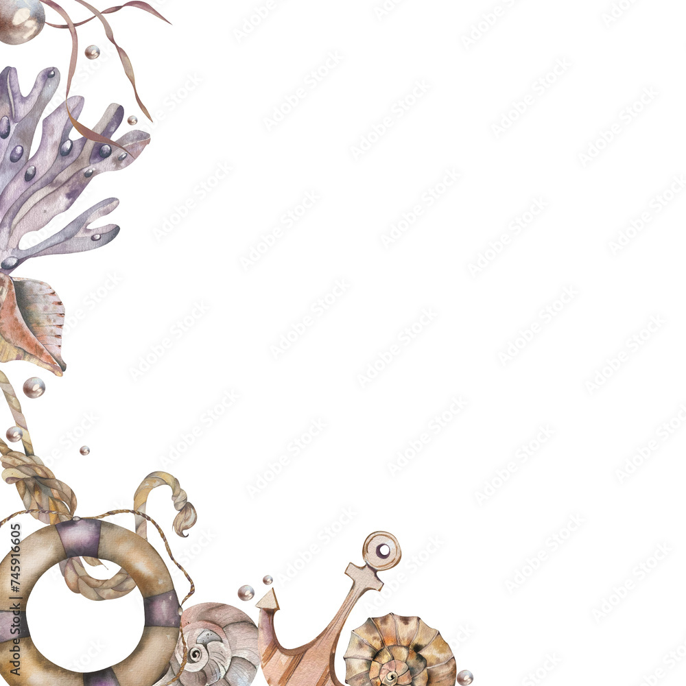 watercolor frame in marine theme: shells algae corals anchor lifebuoy ...