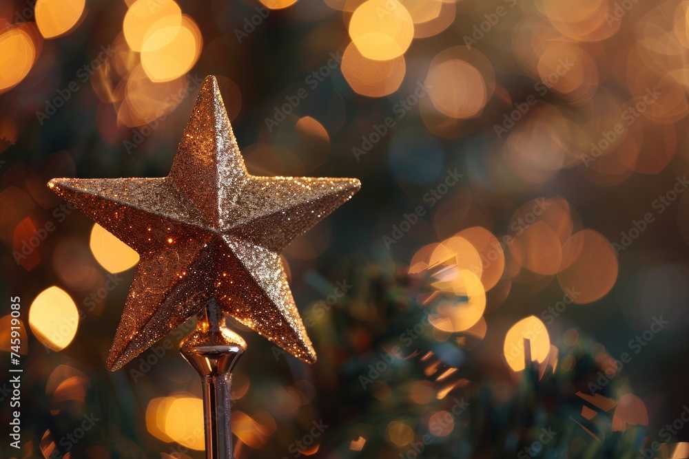 Trophy with a star shape in front of a bokeh light background. Stock ...