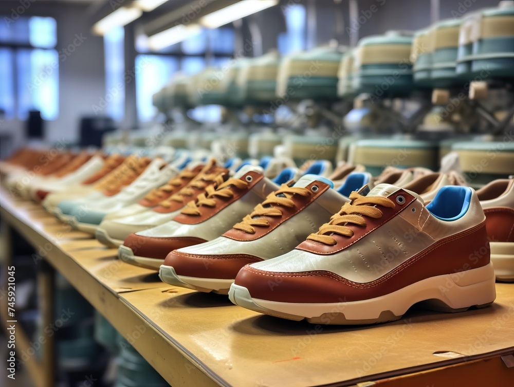 A modern shoe factory production line with skilled workers assembling ...
